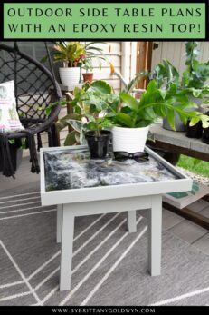 Small outdoor side table plans with an epoxy resin glitter table top!